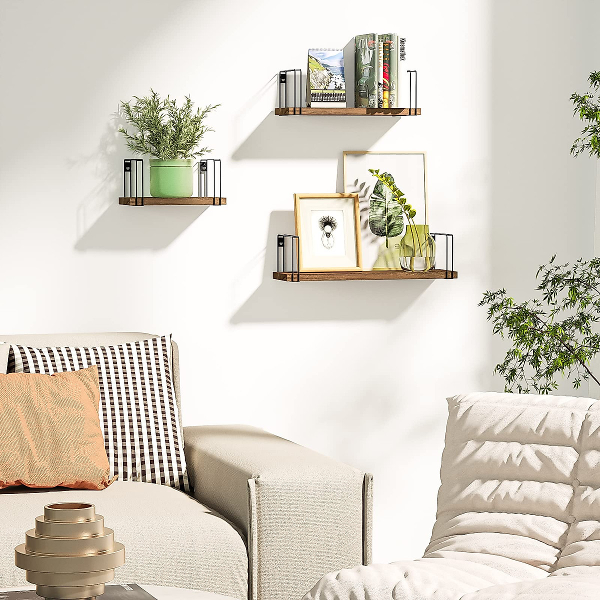 SRIWATANA Rustic Floating Shelves Wall Mount Set of 3, Hanging Wall Shelves, 17 Inch Wood Storage Shelves for Decor, Bedroom, Bathroom, Laundry Room, Living Room, Kitchen, Office - Light Walnut