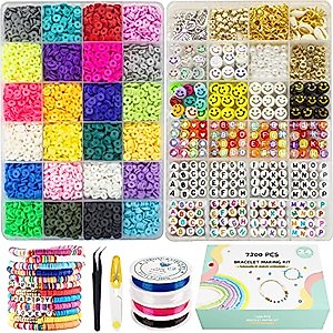 Clay Beads for Bracelet Making Kits, 24 Colors Flat Clay Heishi 6000 Pcs Beads |1200 Pcs jewelry accessory | 14 A-Z Smiley Face Beads,Strings for Jewelry Making Kit Bracelets for Preppy Girls 6-12