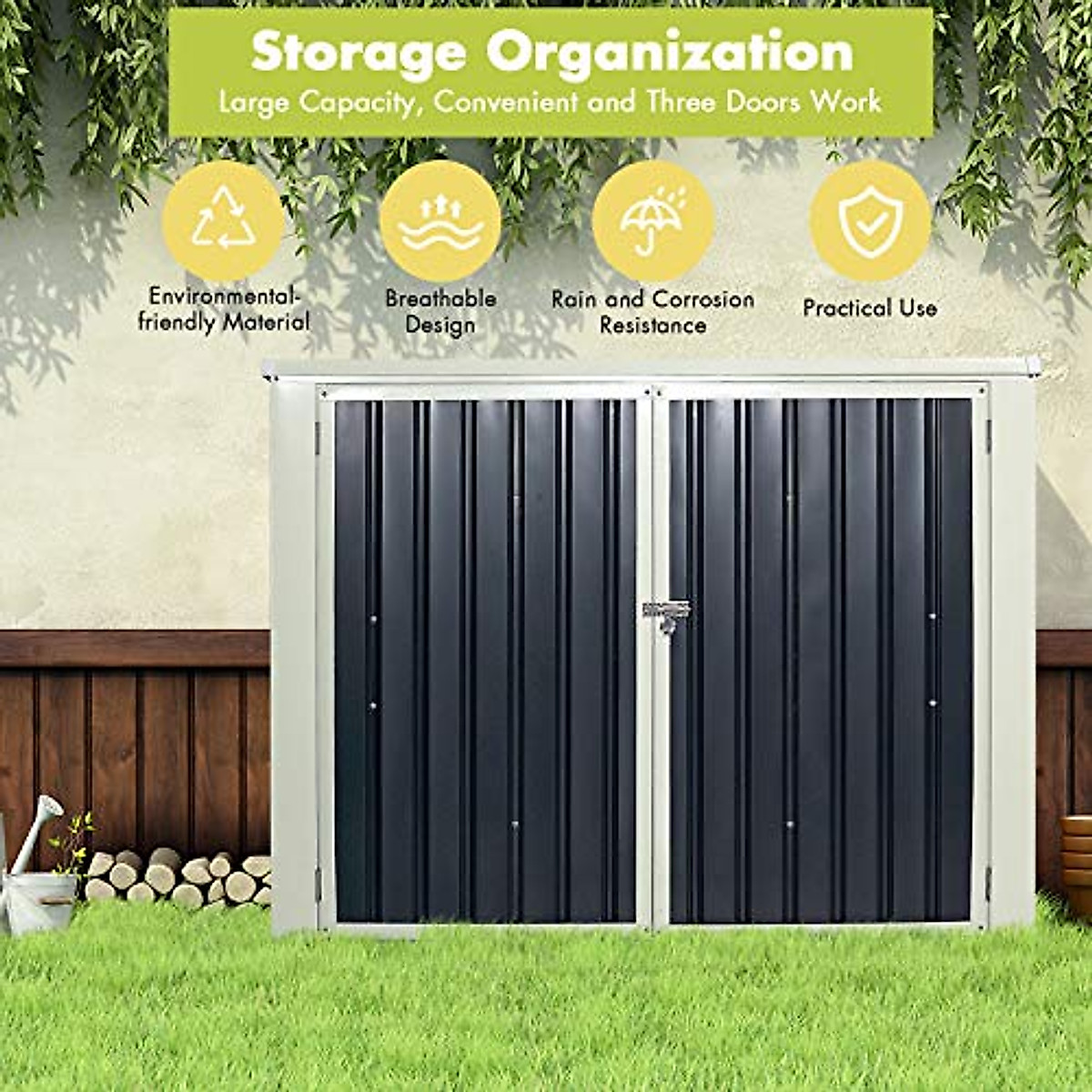 Goplus Outdoor Storage Shed 6' x 3', Multi-Purpose Galvanized Steel Garbage Cans Box with Easy Lift Hinges, Lockable Shed for Garden, Patio, Backyard, Dark Gray