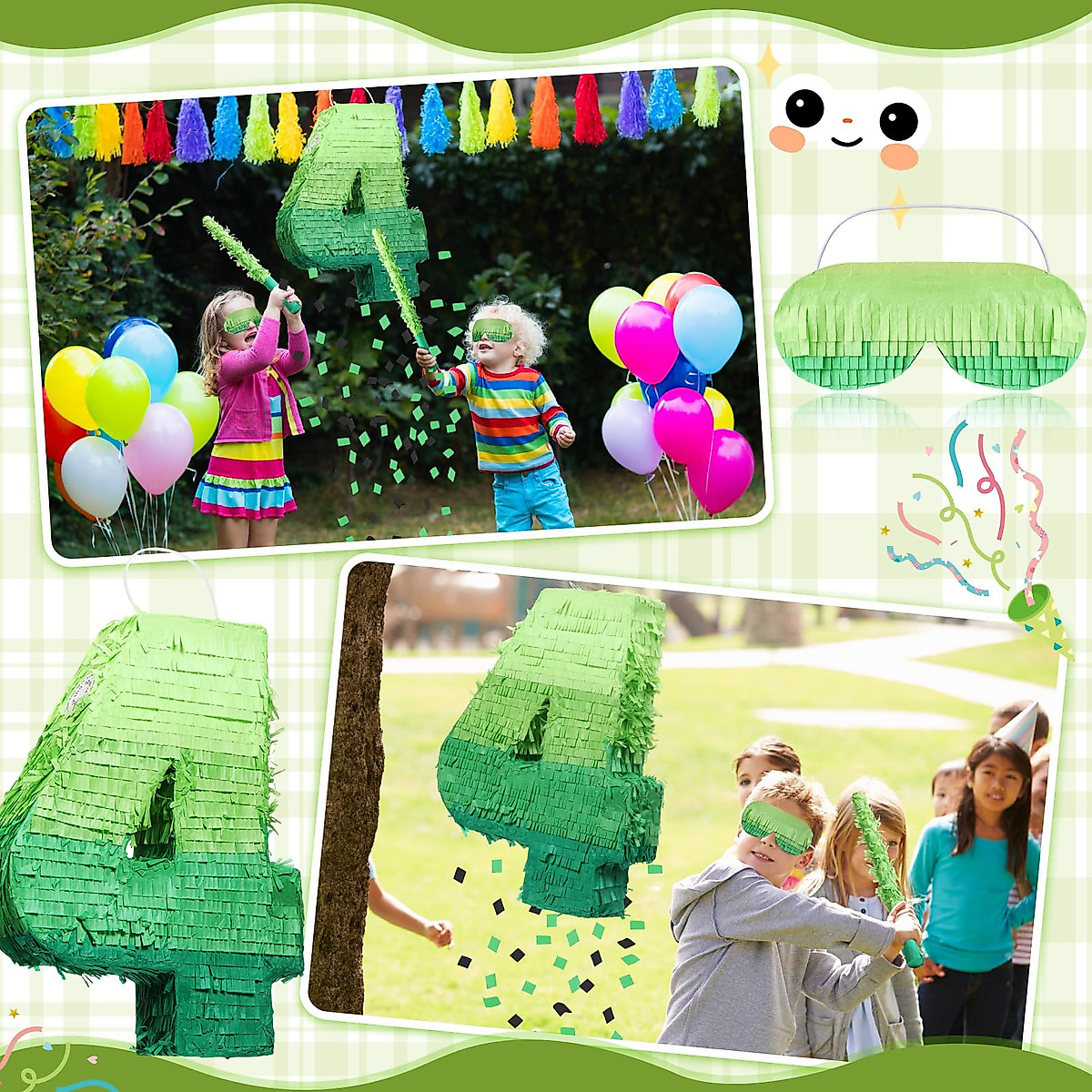 WinnerWhy Number Pinata Decorations 16 Inch Gradient Green Number Pinata with Blindfold Stick and Confetti for Birthday Baby Shower Safari Jungle Themed Party Supplies Xmas Centerpiece (Number 4)