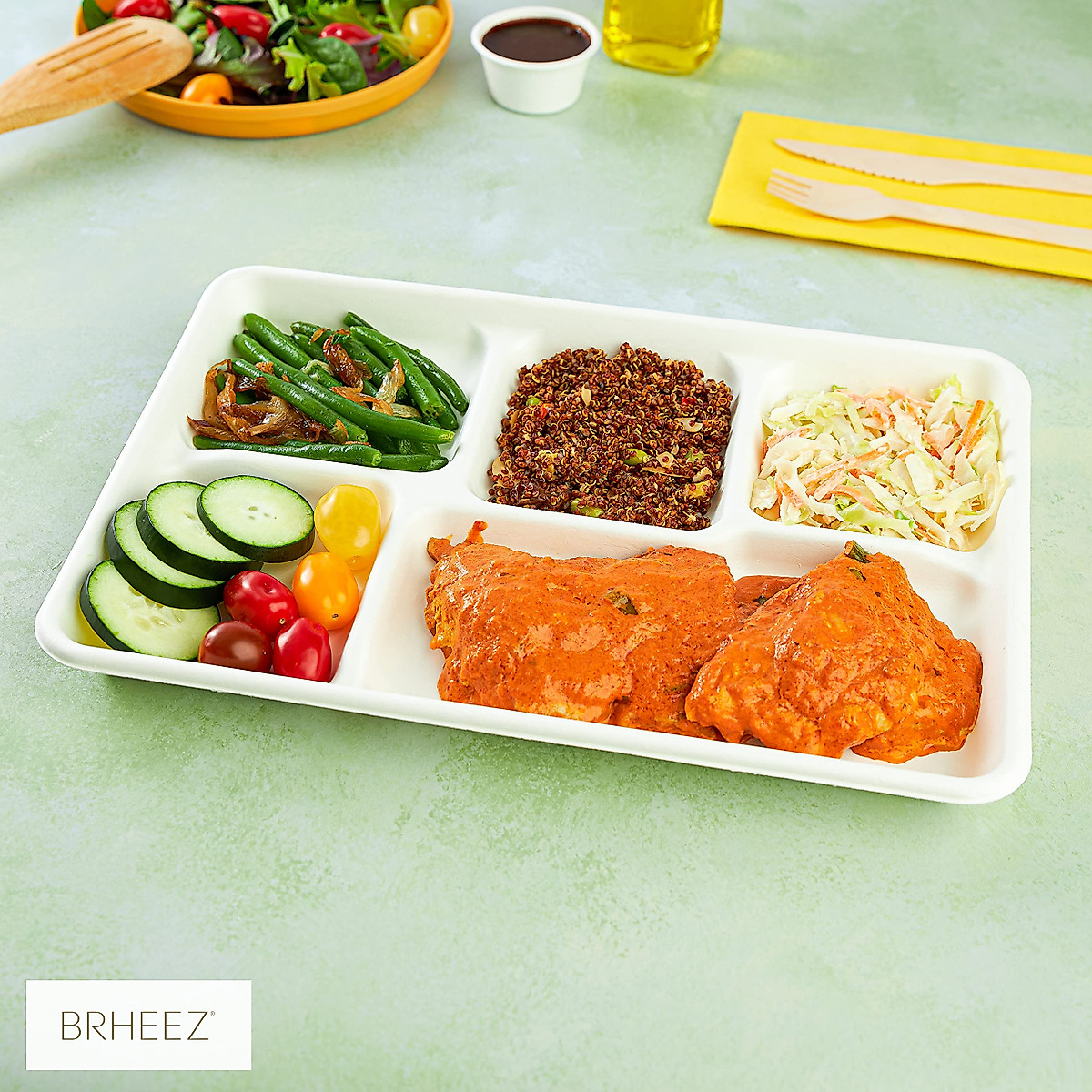 brheez Eco-Friendly 6 Compartment 8.5”x12.5” Disposable School Tray - Made from Bagasse Sugar Cane Fiber - Biodegradable, Compostable & Chemical Free - Pack of 50