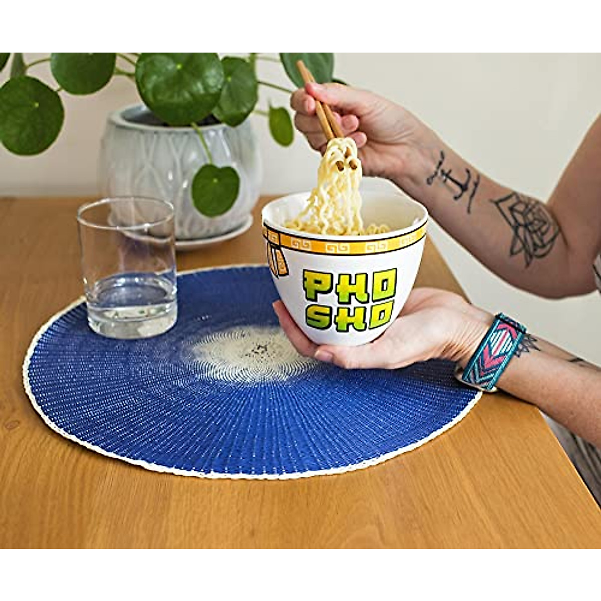 Toynk Bowl Bop Pho Sho Japanese Ceramic Dinnerware Set | Includes 16-Ounce Ramen Noodle Bowl and Wooden Chopsticks | Asian Food Dish Set For Home & Kitchen | Kawaii Anime Gifts, Snack Collectible