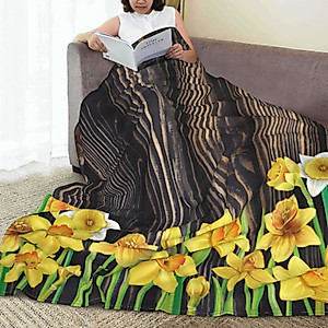 Oplp Spring Flowers Daffodils Throw Blanket for Bed Sofa Couch Wooden Background Fleece Blankets Lightweight Soft Cozy 50"x40"