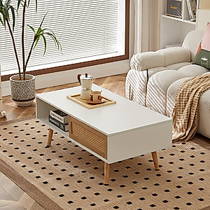 YOUGUO Boho Coffee Table for Living Room, 41.3" Rattan Coffee Table with Sliding Doors & Open Storage Shelf, Mid-Century Center Table for Small Space, White