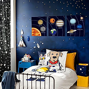 KAIRNE Kids Space Room Decor Framed Outer Space Wall Art Set Of 3 (12X16inch) Kids Picture Planets Pictures Solar System Educational Teaching Poster for Boys Room Nursery Kids Playroom Decor