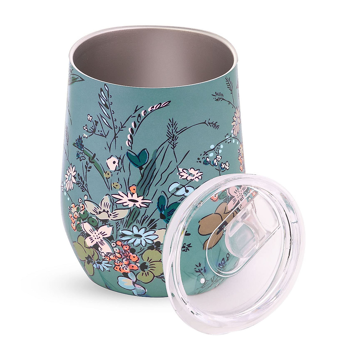Vera Bradley Insulated Wine Tumbler, 12 Ounce Travel Cup, Green Floral Stainless Steel Tumbler with Lid, Sunlit Garden Greek Sage