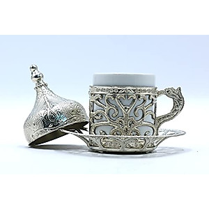 Küchengeräte Turkish Greek Arabic Moroccan Coffee Cup - Set of 2 - Espresso Cup with Inner Porcelain Metal Holder Plate and Lid - 2 Cups Consists of 8 Pcs - Best Gift Idea