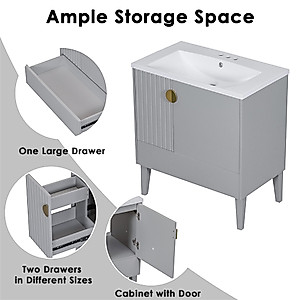 PIETFIU 30" Bathroom Vanity with Sink Combo, Freestanding Bathroom Cabinet with Door and Drawers, Solid Frame,GoldenMetal Handle (Grey, 30 Inch)