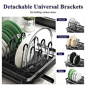 Kitsure Kitchen Dish Drying Rack - Extendable Dish Rack w/Large Capacity, Dish Rack for Kitchen Counter, Multipurpose Dish Drainer w/Detachable Brackets for Pot Lids, Dishes-4063