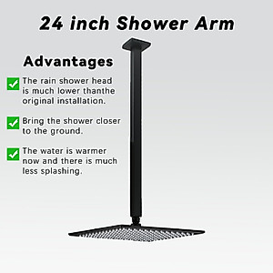 Drettyer Shower Arm with Flange 24 Inches Ceiling Mount Square Straight Extender Extension Pipe Replacement, Extra Long Shower Arm For Fixed Rain Shower Head or High Ceiling, Matte Black