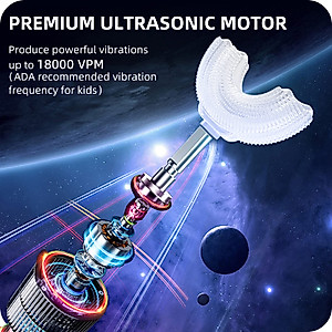 AUITRONCARE Ultrasonic Kids U Shaped Electric Toothbrush, Rechargeable Toddler toothbrushes with 4 Brush Heads, Smart Timer IPX7 Waterproof (Ages 2-12) (Hollow-Blue)