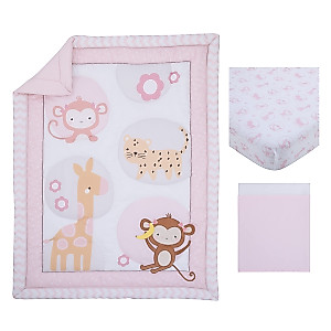 NoJo Little Love Sweet Jungle Friends Pink, White and Tan, Monkey, Cheetah and Giraffe with Polka dots and Flowers 3 Piece Nursery Crib Bedding Set - Comforter, Fitted Crib Sheet, and Crib Skirt