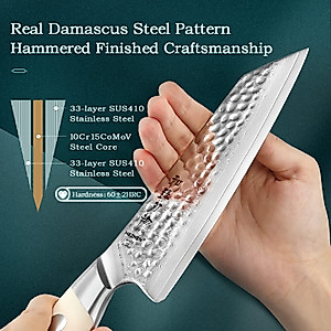 HEZHEN 7.3” Santoku Knife, High Carbon Damascus Steel Chef Knife, Hammered Japanese Style Kitchen Knives,Meat Vegetable Cutting Cleaver Knife, Ivory White G10 Handle