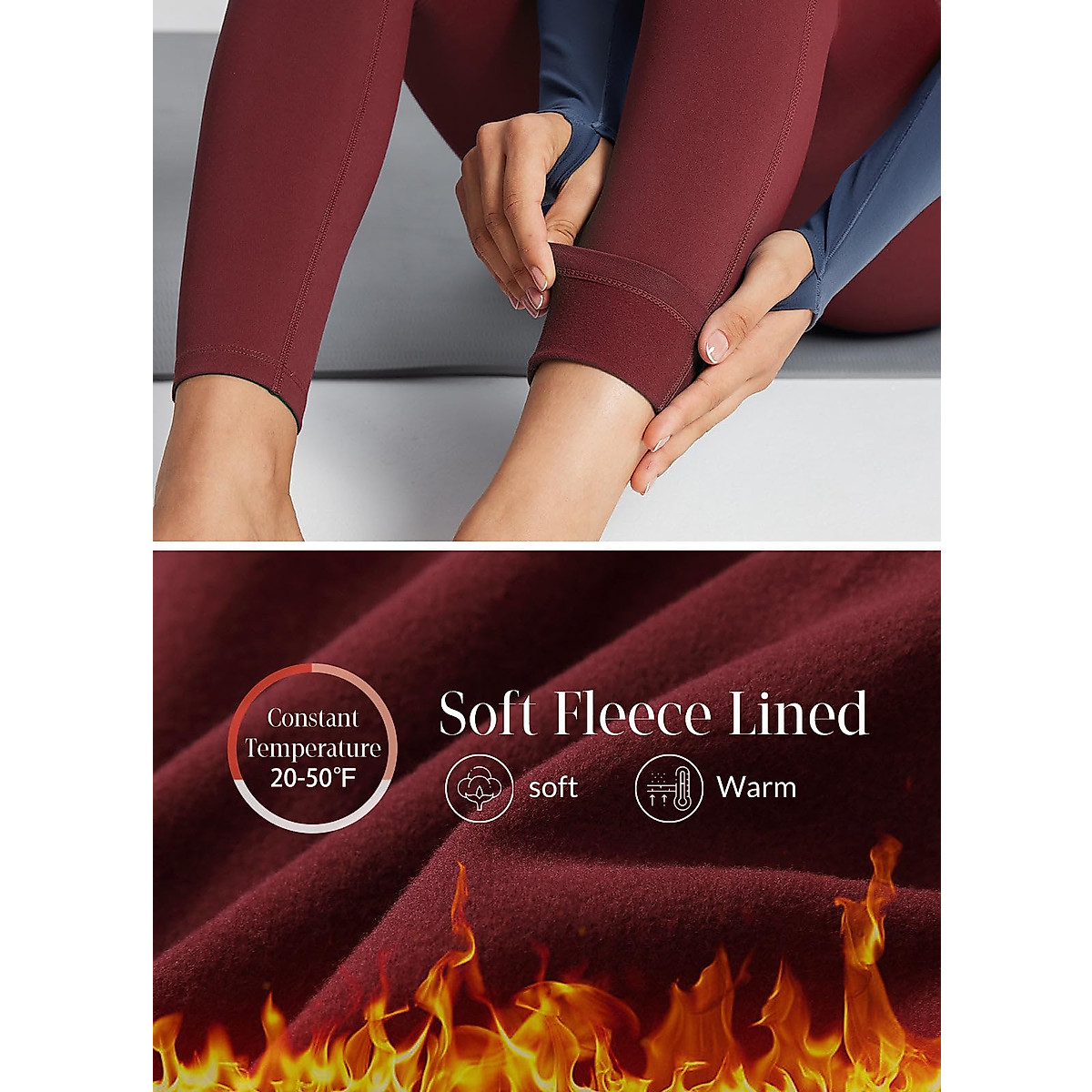 BALEAF Women's Fleece Lined Leggings with Pockets 25" Petite Thermal Winter Warm High Waisted Thick 7/8 Yoga Pants Wine Red S