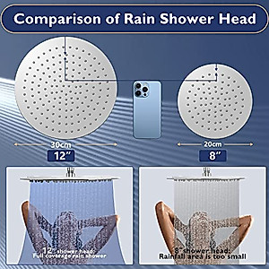Rain Shower Head, 12" High Pressure Round Rainfall Shower Head Combo with 11" Adjustable Extension Arm, 5-Settings Handheld Shower Heads with 60" Stainless Steel Hose Anti-Leak (Chrome)