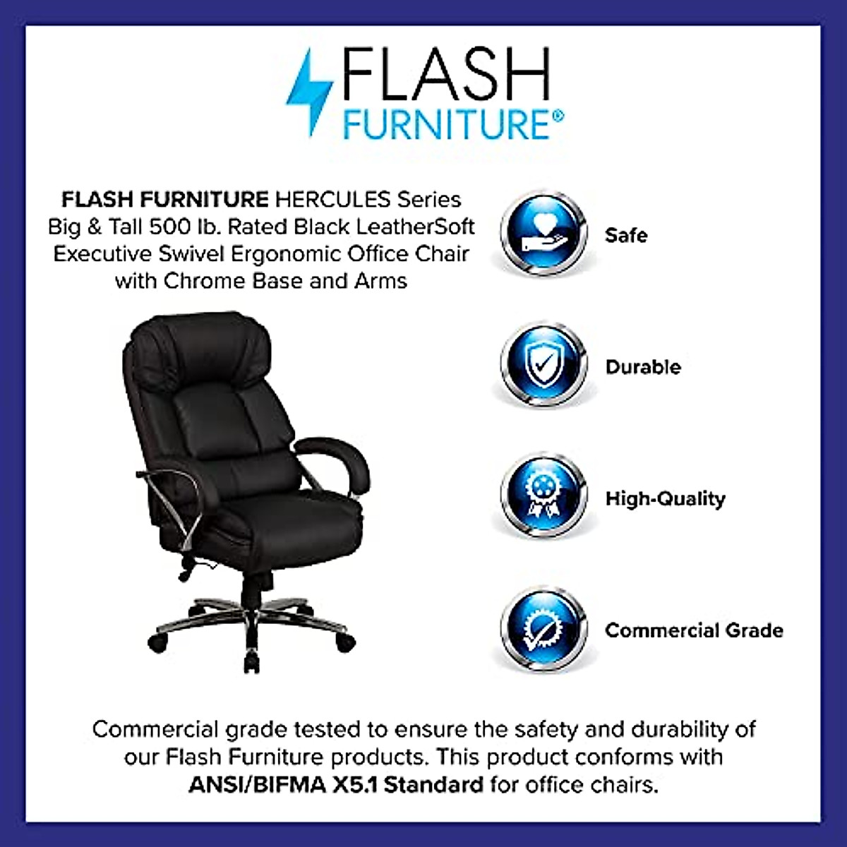 Flash Furniture HERCULES Series Big & Tall 500 lb. Rated Black LeatherSoft Executive Swivel Ergonomic Office Chair with Chrome Base and Arms