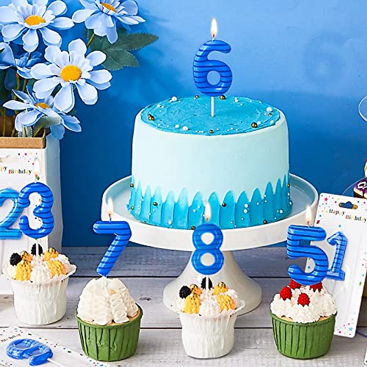 10 Pieces Number Birthday Candles 2.36 Inch Blue Stripes Numeric Birthday Candles Glitter Numbers 0-9 Birthday Cake Candle 3D Design Cake Topper Decoration for Birthday Party Wedding Decor Supplies