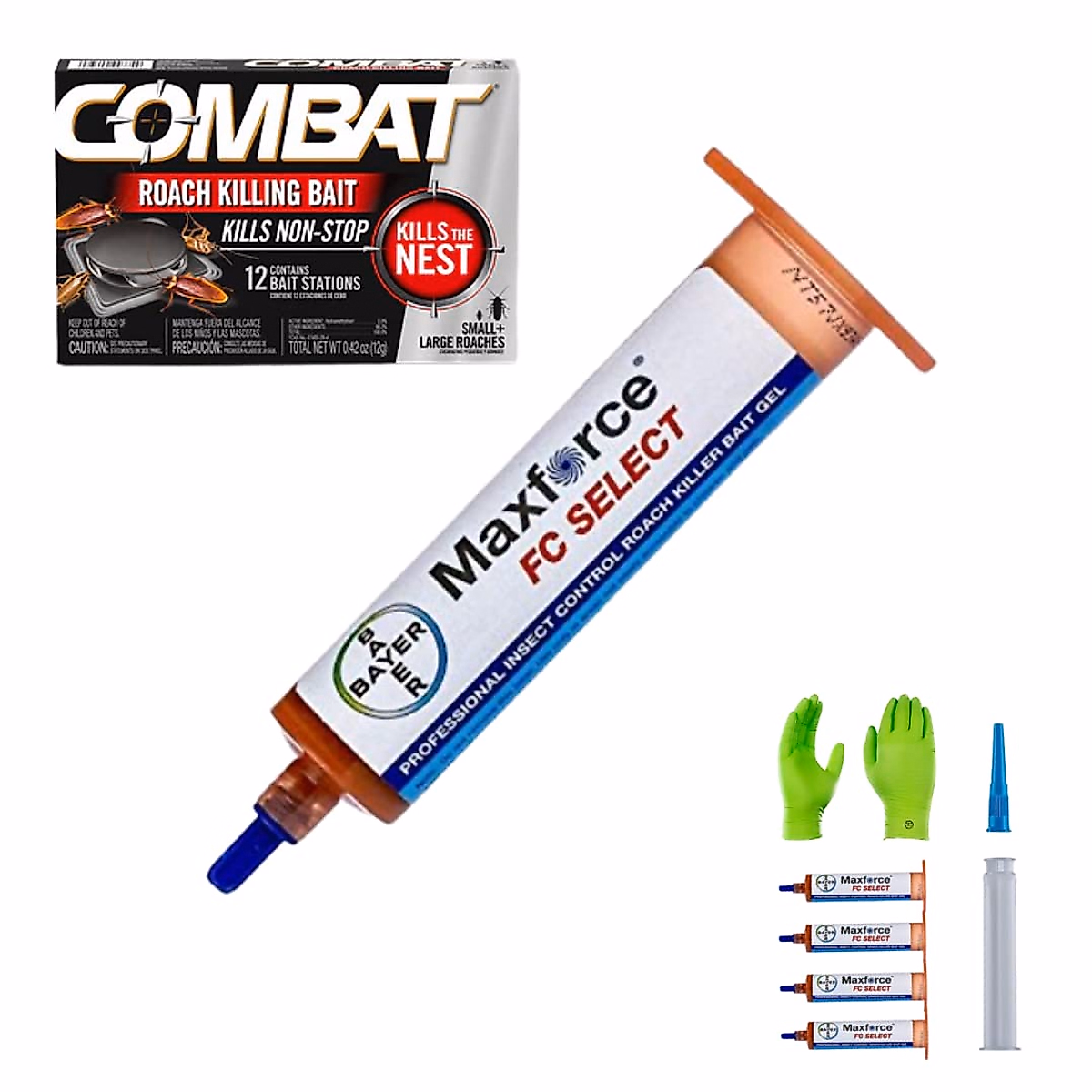 Maxforce Select Roach Kill Kit – 4 Tubes German Roach Killer Gel, Roach Killing Bait Stations 12 Count – Premium Chemical Resistant USA-Supply Gloves | USA Supply Pest ID Card