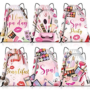 Equsion 12 Pcs Spa Party Favor Bags Drawstring Backpack Spa Party Gift Bags Spa Party Supplies for Girls Women Makeup Birthday Party Decorations Salon Baby Shower Spa Party Decorations, 12 x 10 Inch