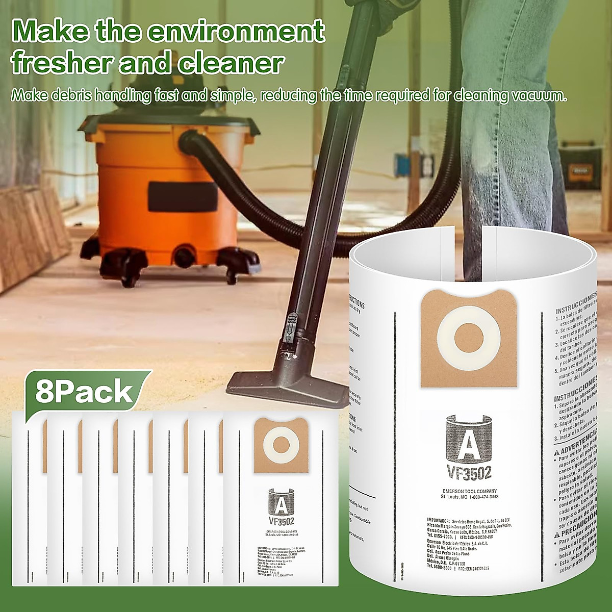 8 Pack VF3502 Vacuum Bags Compatible with Ridgid 12 to 16 Gallon Wet Dry Vacuums, High Efficiency Replacement Filter Bags for Model WD1950 WD1956 WD1850 WD1851 RV2400HF WD1450 WD1680 WD1270