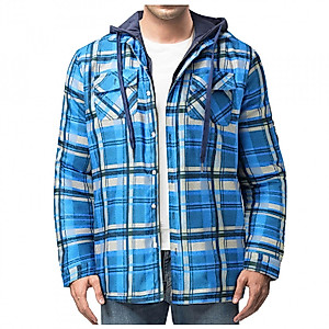 CHSWVUKQ Mens Thermal Quilted Lined Flannel Sherpa Jacket Button Long Sleeve Thicken Warm Pockets Hood Plaid Shirt Coat, 01-blue