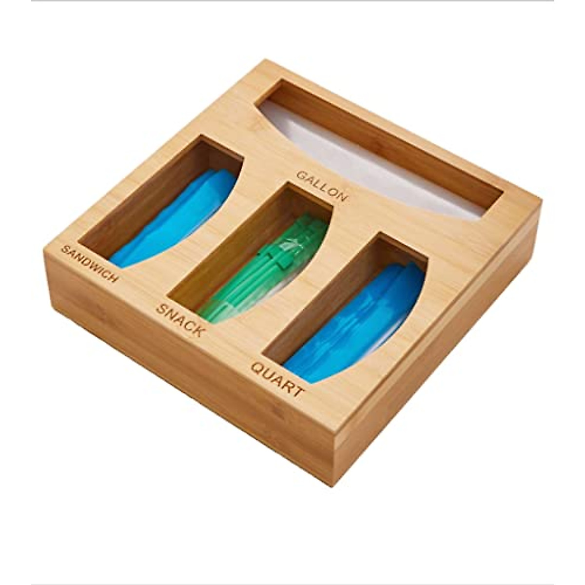 Bvalor Bamboo Ziplock Bag Storage Organizer - 4 Separate Baggie box for kitchen Drawer - Food Storage Bag - Suitable for Gallon, Quart, Sandwich and Snack - Single Piece Design