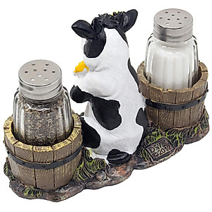 Decorative Holstein Cow Salt and Pepper Shaker Set with Old Fashioned Water Pails Holder Figurine in Farm Animal Decorations As Spice Racks and Rustic Country Kitchen Décor Or Gifts for Farmers