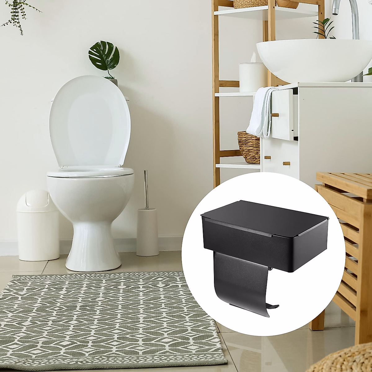 VOCOSTE Toilet Paper Holder, Bathroom Toilet Roll Tissue Holder Wall Mount for Kitchen Bathroom with Shelf, Black