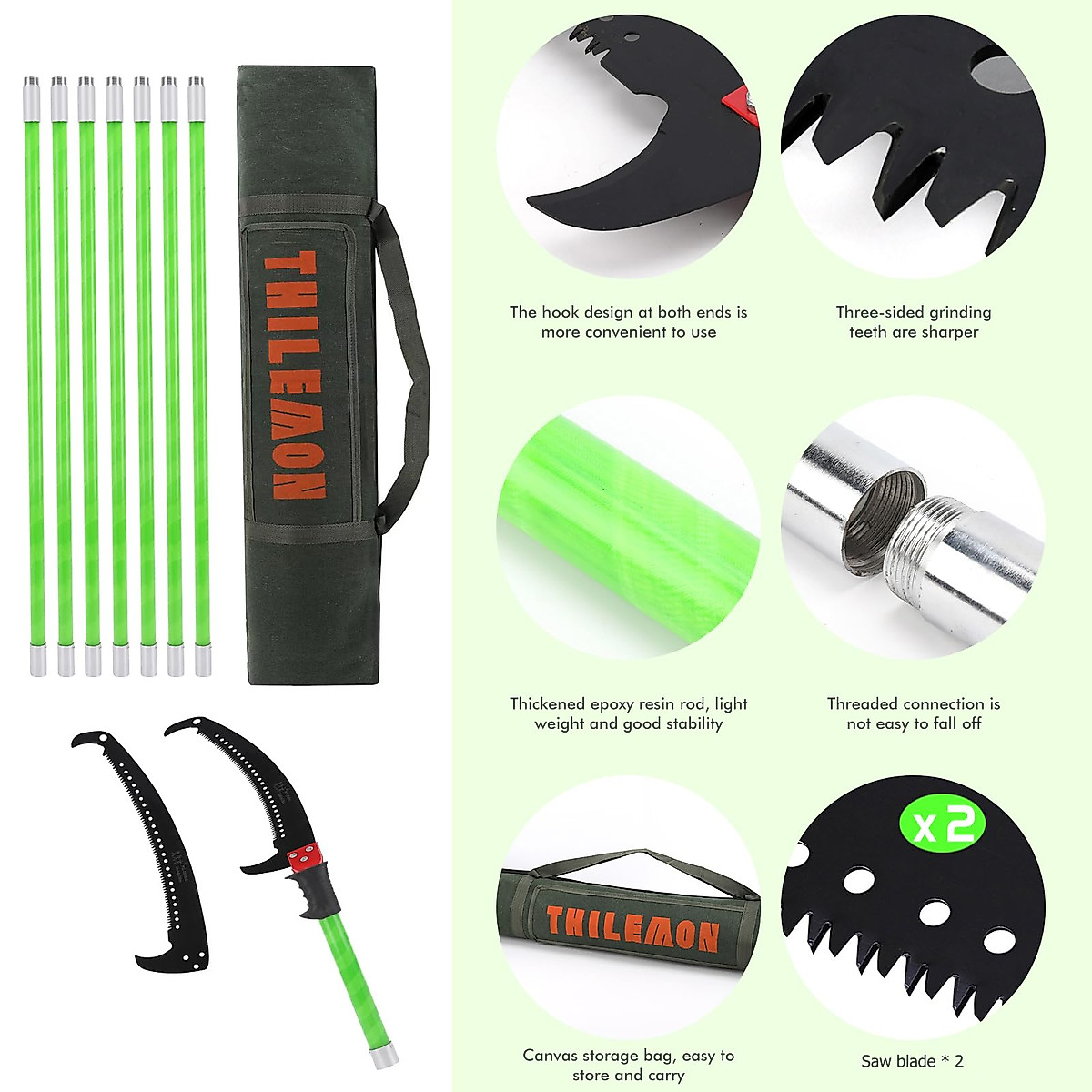 THILEMON Pole Saws for Tree Trimming Manual 26 foot Tree Pole Pruners for Tree Trimming Saw, Tree saw Tree Pole saw manual knives with Storage Pocket.