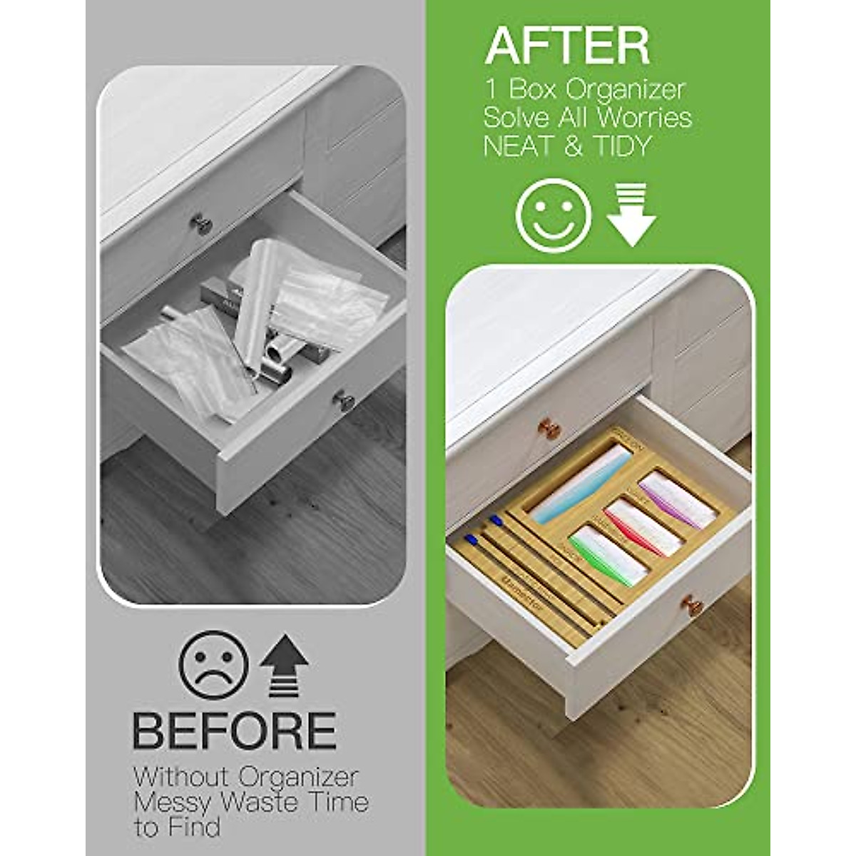 6 In 1 Ziplock Bag Storage Organizer, Foil and Plastic Wrap Organizer, Uamector Bamboo Aluminum Foil Dispenser with Cutter for Kitchen Drawer, Applies to Gallon Quart Sandwich Snack Bags, Cling Film Aluminum Foil, etc