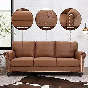 INMOZATA Leather Sofa Couch 80" Mid-Century Modern Sofa Wood Couches with with Nailhead Trim, Upholstery 3-Seater Sofa for Living Room, Apartment, Lounge Room,Light Brown