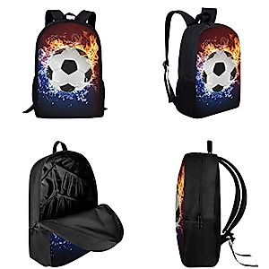 Salabomia Soccer Backpack for School Water & Fire Soccer Ball Backpack with Lunch Box Kids School Bookbag 3 in 1 Set School Bag with Lunch Bag Pencil Case, Large Lightweight Kids Backpack for School with Insulated Lunch Bag Cute Kawaii Pen Case, Blue