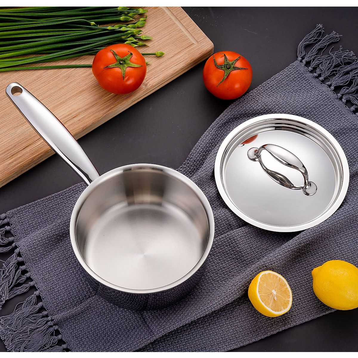 Fortune Candy 1.6-Quart Saucepan with Lid, Tri-Ply, 18/10 Stainless Steel, Comfortable Grip & Advanced Welding Technology, Dishwasher Safe, Induction Ready, Mirror Finish, Silver