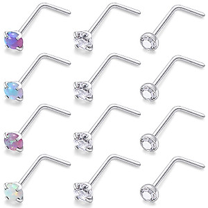 Cisyozi 22G Nose Rings Studs for Women Men Stainless Surgical Steel Silver L Shaped Bent Nose Nostril Rings Stud Set Piercing Jewelry for Women Men 1.5mm Diamond CZ Opal