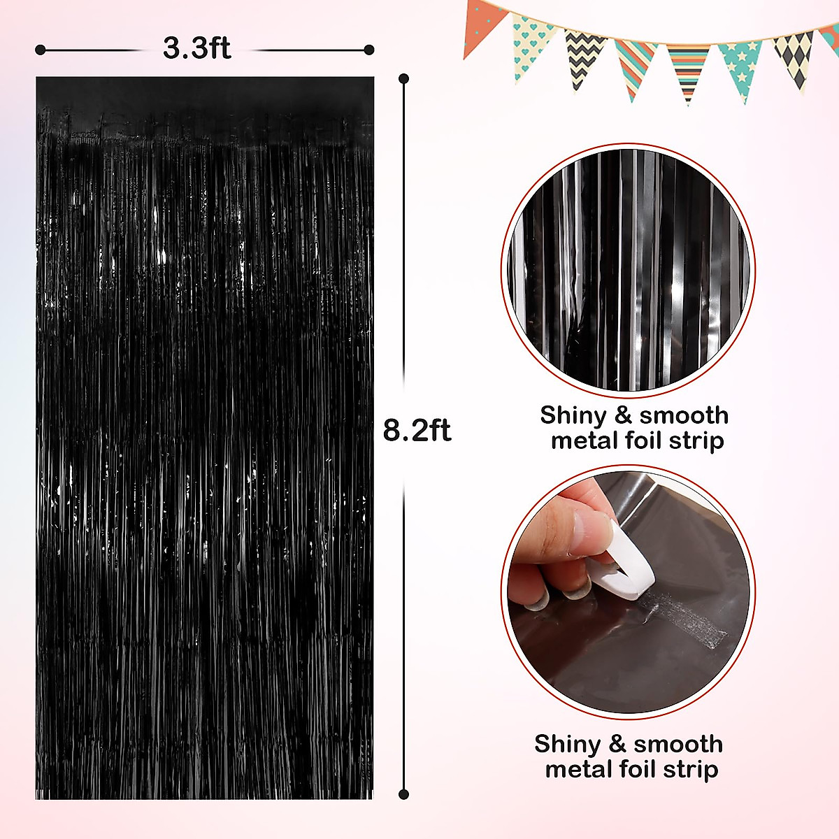 Black Metallic Tinsel Foil Fringe Curtains, 4 Pack 3.3x8.3 Feet Streamer Backdrop Curtains for Birthday Party Decorations, Halloween Decor, Foil Curtain Backdrop for Bachelorette Party