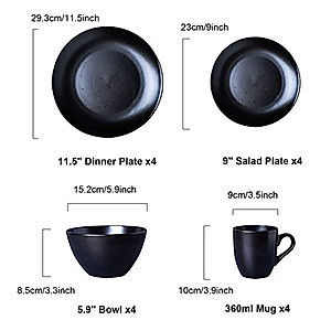 16 Piece Dinnerware Set Service for 4, Round Black Matte Dishes Sets, Includes 4 Dinner Plates 4 Salad Plates, 4 Bowls and 4 Mugs