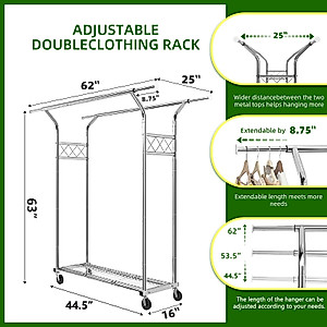 Simple Trending Heavy Duty Double Rod Clothes Rack Load 400 LBS, Metal Commercial Garment Rack, Standing Rolling Clothing Rack for Hanging Clothes with Sturdy Wheels & Shelves, Chrome