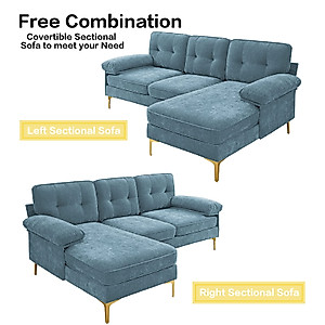 TEKAMON 82.7" Blue Convertible Sectional Sofa, Chenille Fabric L-shaped Couch, Small 3 seats Reversible Sleeper Sofa with Machine Washable Covers for Living room,Apartment and Small Space, Gloden legs