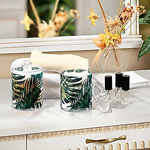 2 Pack Qtip Holder Dispenser for Cotton Ball Palm Tree Tropical Jungle Leaf Cotton Swab Cotton Round Pads Clear Plastic Acrylic Jar Set Bathroom Canister