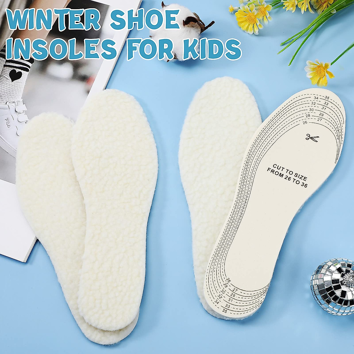 2 Pair Winter Shoe Insoles for Kids Wool Fleece Insoles Sheep Wool Shoe Insert Fluffy Wool Flat Brioche for Sneakers and Boots, Warm and Soft, Beige