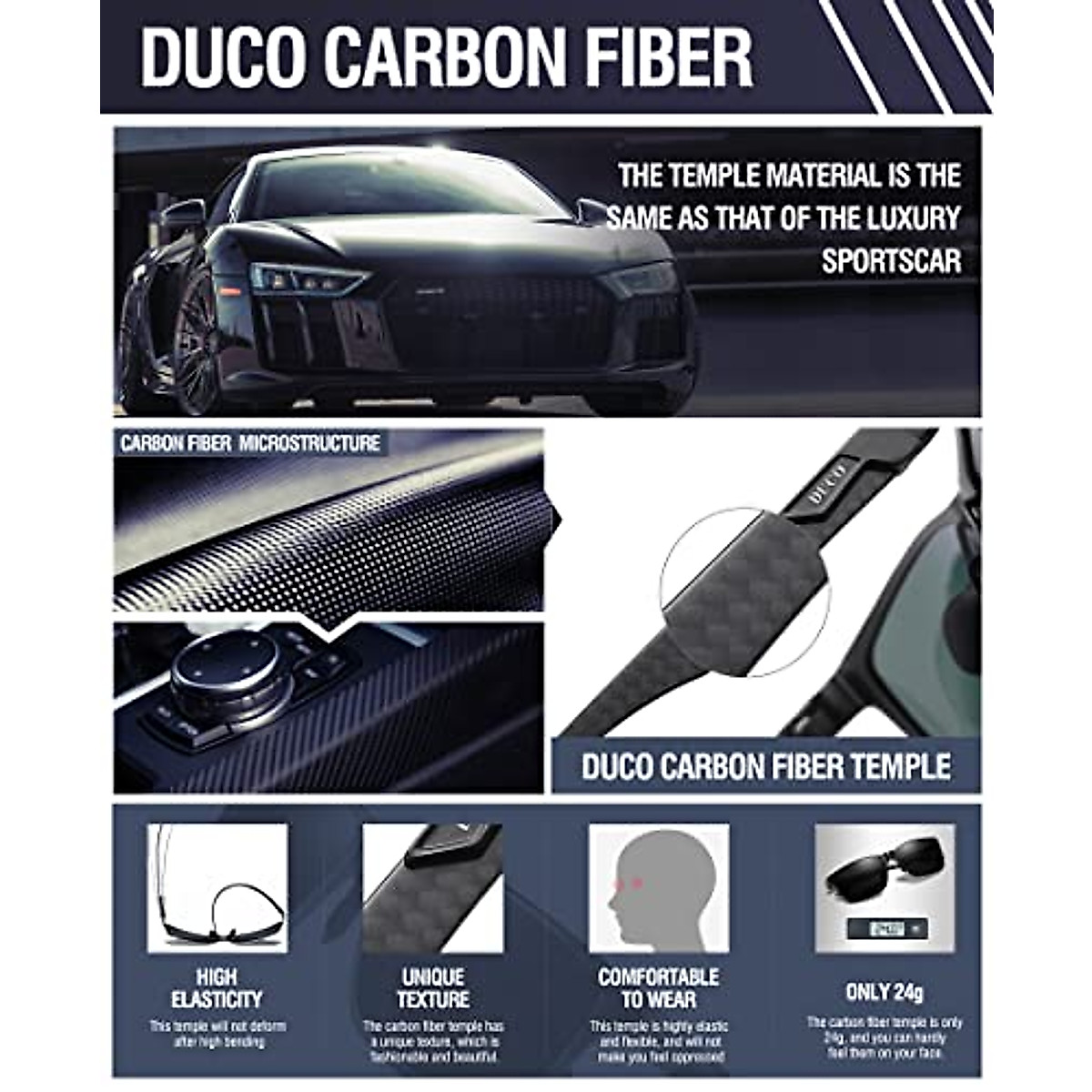 DUCO Square Polarized Sunglasses for Men LightWeight Carbon Fiber UV400 Protection Sun Glasses 8206