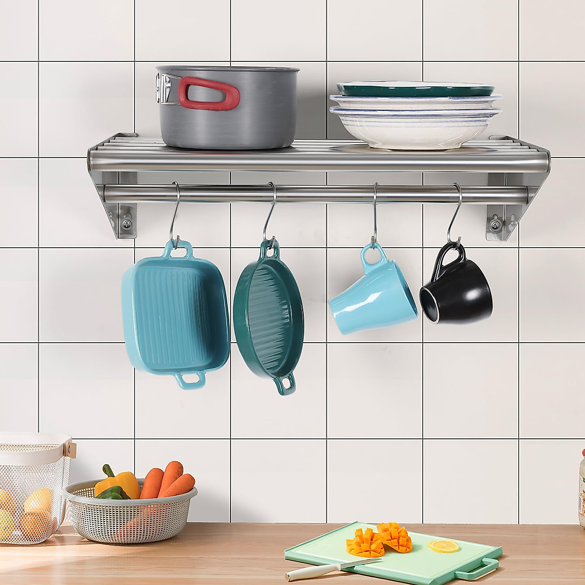 HALLY Stainless Steel Shelf Pot Rack with 9 S Hooks 12" x 62" Wall Mounted, NSF Commercial Floating Shelving for Storage Hanging Pots, Pans, cookware in Restaurant, Kitchen, Home and Hotel