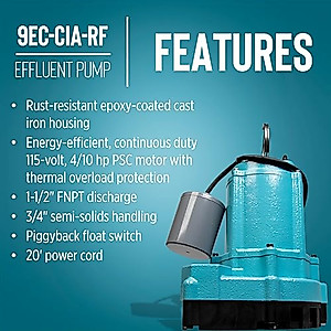 Little Giant 9EC-CIA-RF 115 Volt, 4/10 HP, 4200 GPH Automatic Cast Iron Sump/Effluent Pump with Piggyback Float Switch and 20-Ft. Cord, Blue, 509801