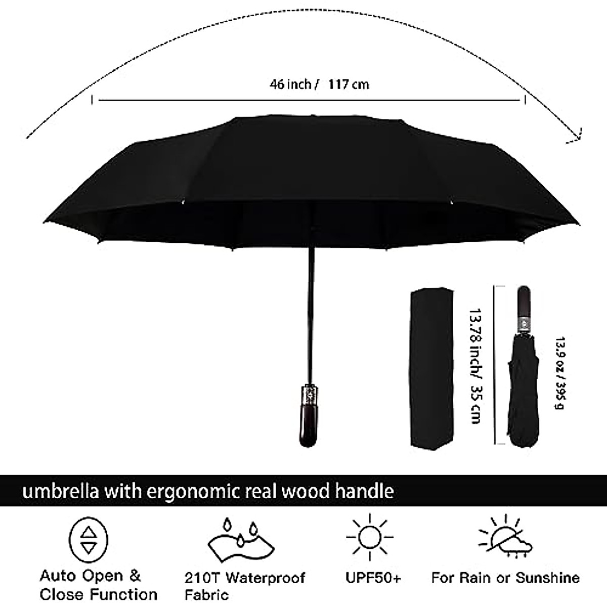 ALFROTEY Compact Travel Umbrella with Real Wood Ergonomic Handle Portable Automatic Open and Close Windproof Umbrella for Rain Small Folding Car Umbrella (Black, M)