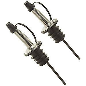 Tablecraft Stainless Steel Pourers with black Tethered Cap, (2 Pack), Silver