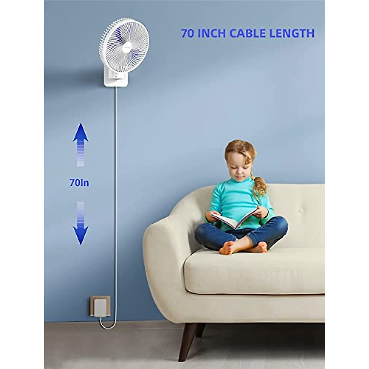 Airbition 8” Small Wall Mount Fan with Remote Control, 90°Oscillating, 4 Speeds, Timer, Included 120° Adjustable Tilt, High Velocity, 70Inch Cord, for RV Bedroom Home Office Garage