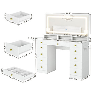 IRONCK Vanity Desk with Mirror and LED Lights, Makeup Vanity with 11 Drawers and Power Outlet, 45" Glass Top Vanity Table with Storage Stool, Adjustable Brightness, Vanity Set for Bedroom, White