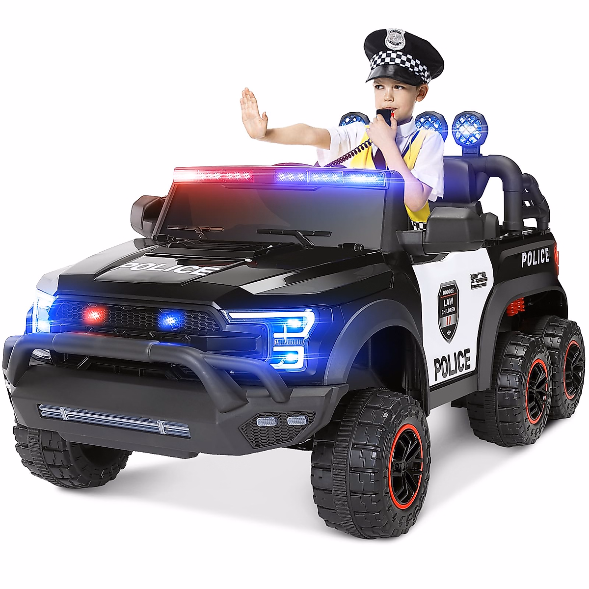 JOYLDIAS Kids Ride On Police Car, 12V Battery Powered Electric Cars W/2.4G Remote Control, 6 Wheels, Real Tailgate, Spring Suspension, LED Flashing Lights, Megaphone Siren Music & Horn Intercom