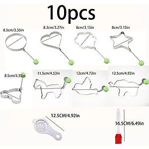 Pack of 10 Stainless Steel Fried Egg Ring Pancake Shaper Omelette Mold Mould Frying Egg Cooking Tools Kitchen Accessories Gadgets Egg Ring Flower Heart Elephant Bird Circle Star Zebra Fried Egg Shaper