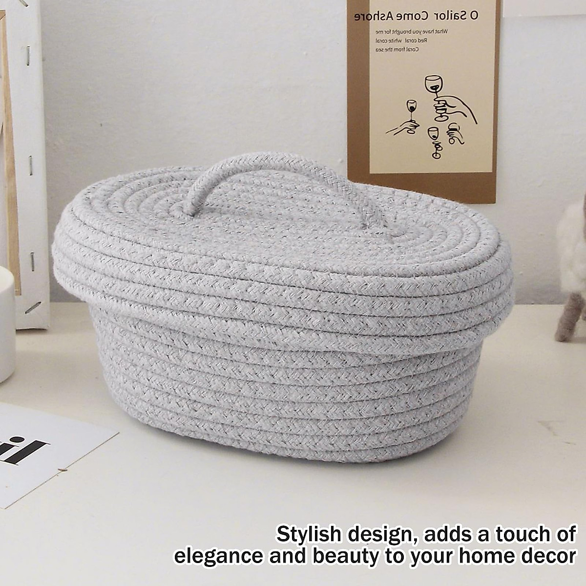 Desktop Storage Box with Lid, Handmade Cotton Rope Storage Basket for Makeup Sundries Snack Needles(Gray)